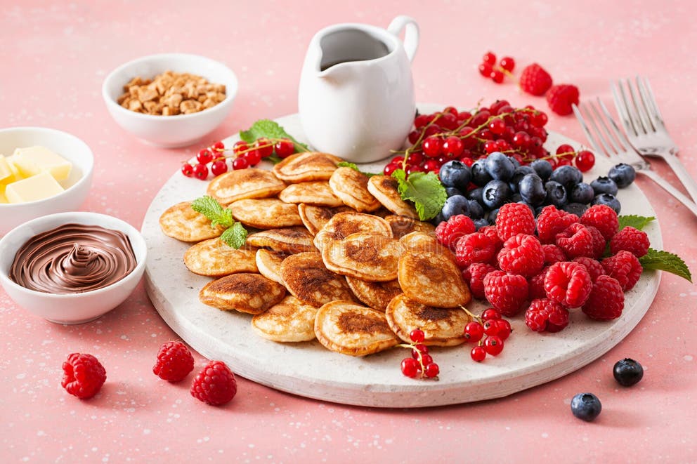 American Mini Pancake Board with Berries and Maple Syrup Stock Image ...