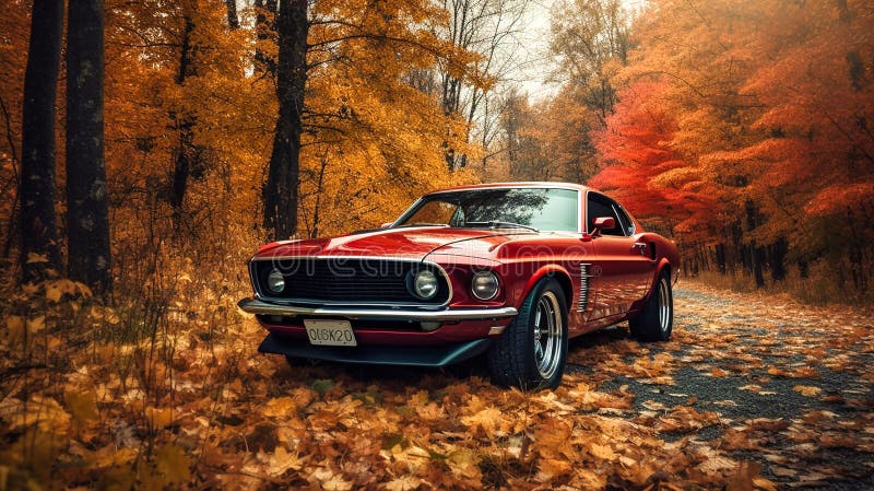 American Muscle Car in the Autumn Forest Stock Photo - Image of autumn ...