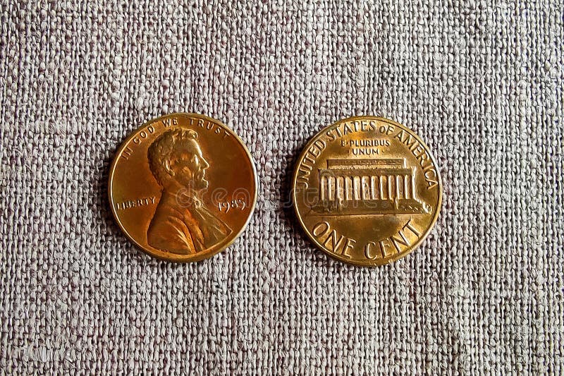 American One Cent Coin Both Sides, Penny on Grey Burlap. Copy Space ...