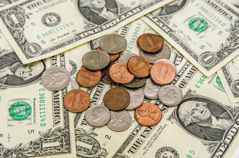 American One Dollar with Different Coins Stock Photo - Image of ...