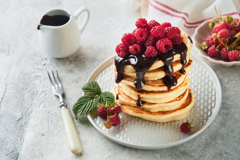 American Pancakes. Stack Pancakes with Fresh Raspberry with Chocolate ...