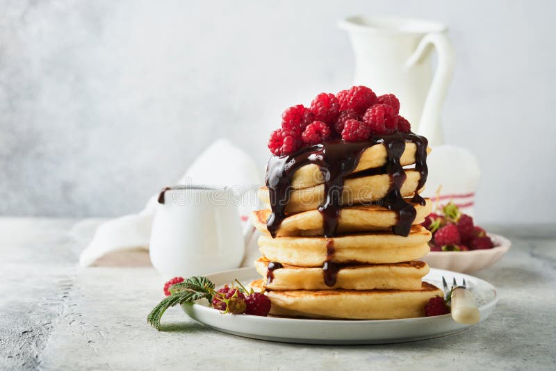American Pancakes. Stack Pancakes with Fresh Raspberry with Chocolate ...