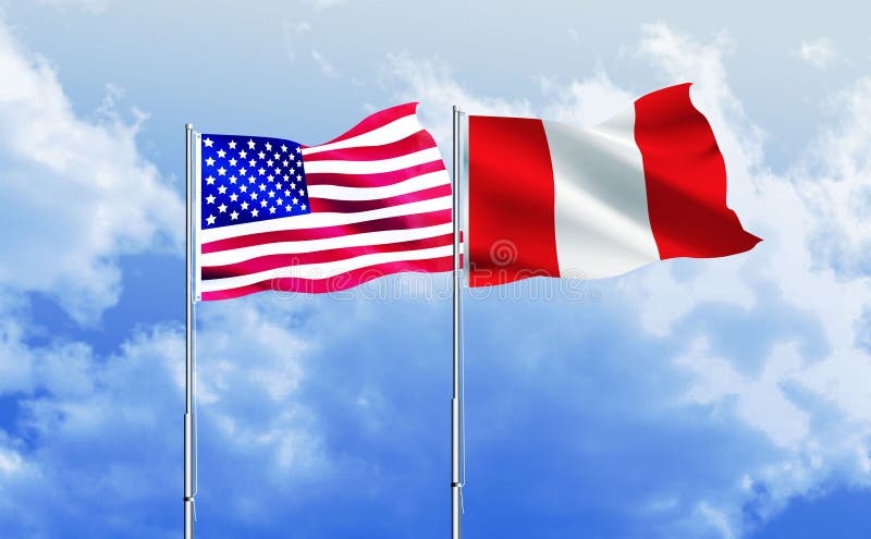 American and Peru Flags Together Waving Against Blue Sky Stock ...