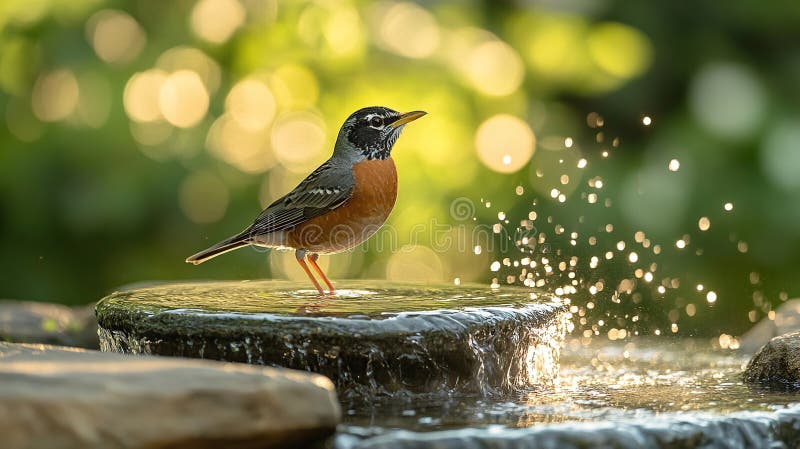 American Robin Bathing in a Small Stone Fountain, Water Splashing Stock Illustration ...