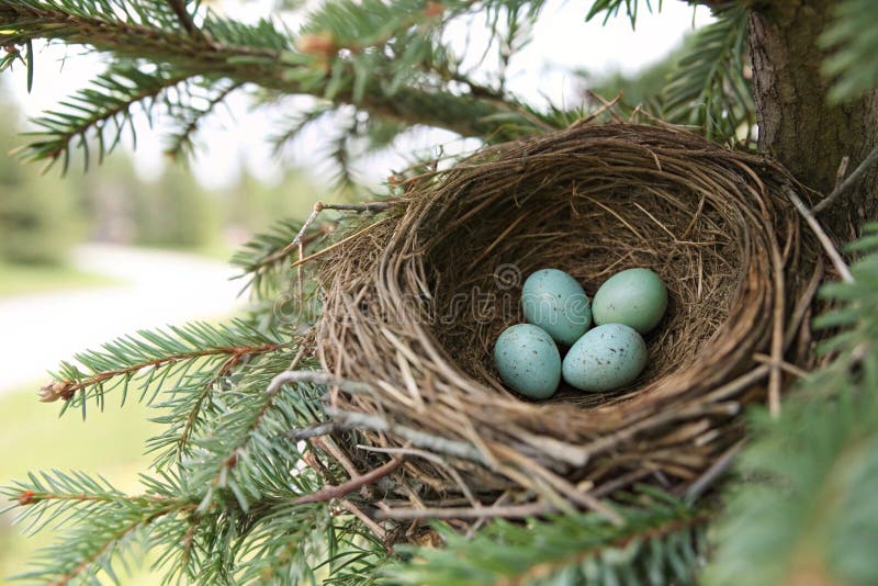 American Robin Nest with Four Eggs Stock Illustration - Illustration of ...