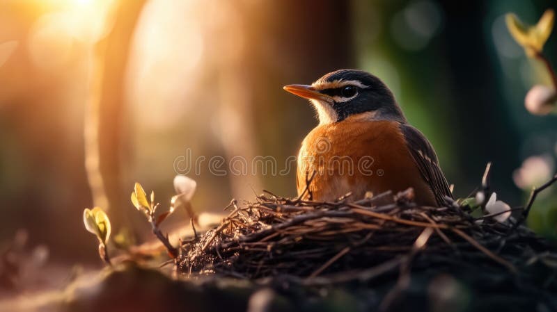American Robin Perched in Nest with Warm Sunset Glow in Forest Stock ...