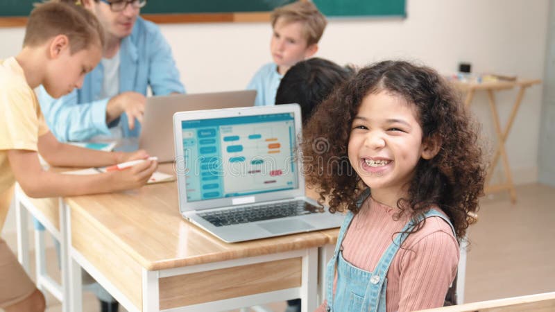 American Student Turn Around and Looking at Camera in STEM Class ...