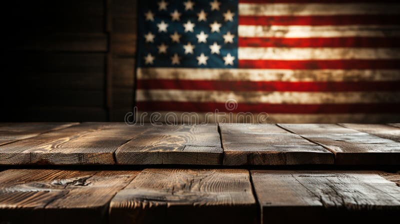 An American-style Empty-top Wooden Table with a Classic American Flag ...