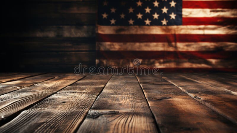 An American-style Empty-top Wooden Table with a Classic American Flag ...