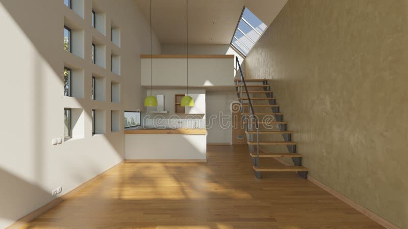 American Style Kitchen Inside an Empty House with a Mezzanine in ...