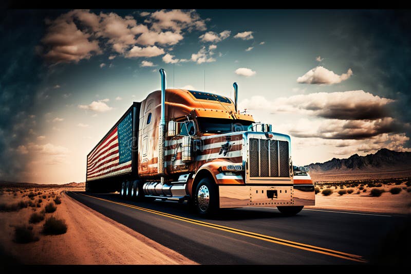 American Style Truck on Freeway Pulling Load. Generative AI ...