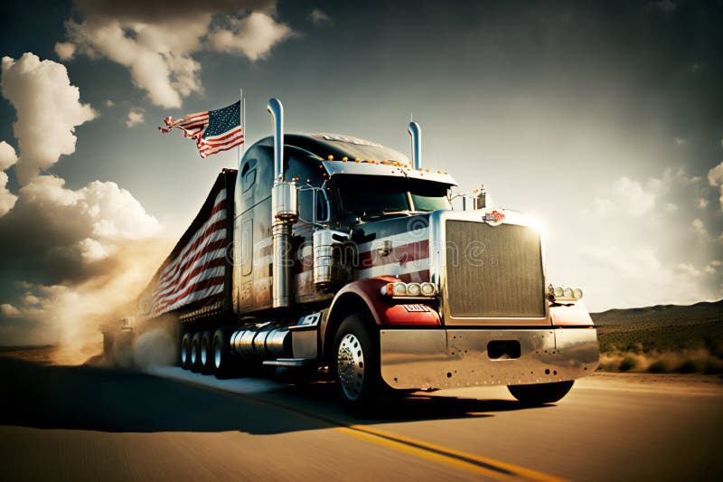 American Style Truck on Freeway Pulling Load. Generative AI ...