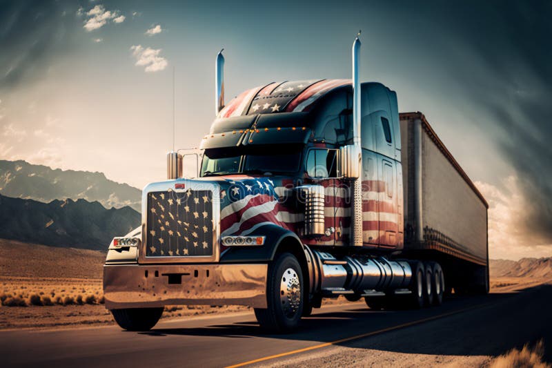 American Style Truck on Freeway Pulling Load. Generative AI ...