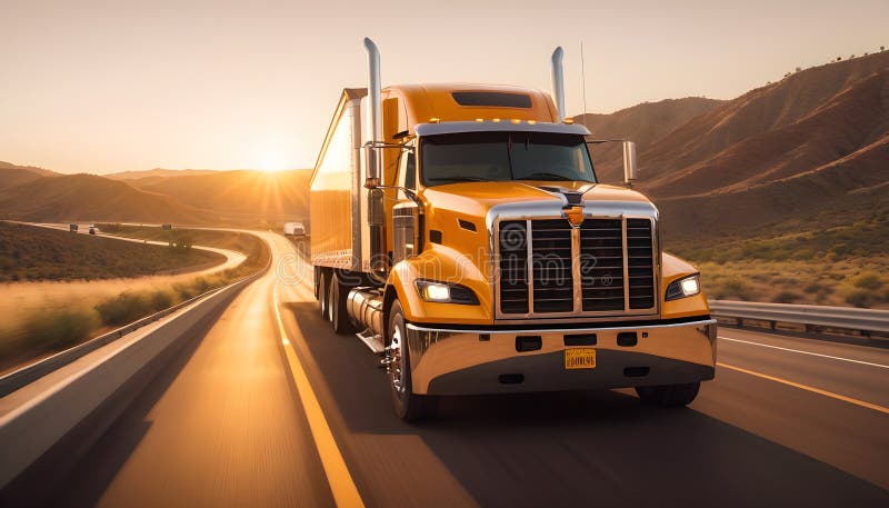 American Style Truck on Freeway Pulling Load. Transportation Stock ...