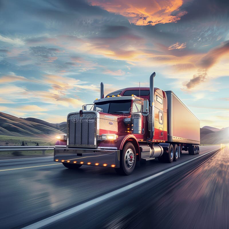 American Style Truck on Freeway Pulling Load. Transportation Theme ...