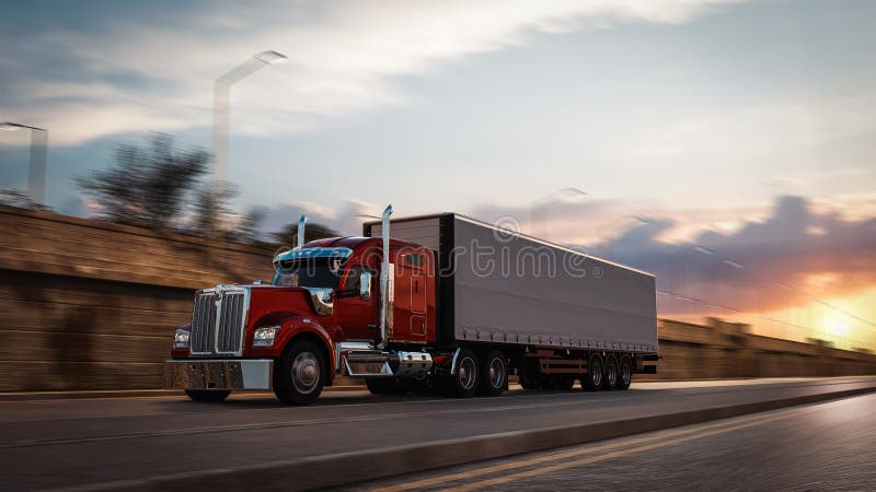American Style Truck on Freeway Pulling Load. Transportation Theme ...