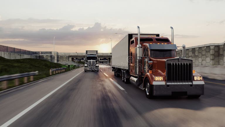 American Style Truck on Freeway Pulling Load. Transportation Theme ...