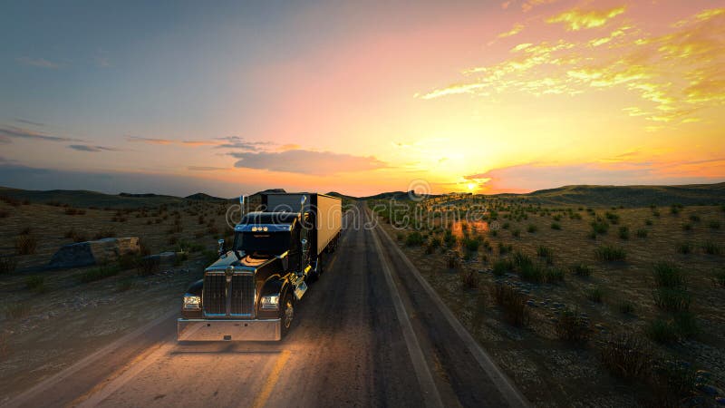 American Style Truck on Freeway Pulling Load. Transportation Theme ...