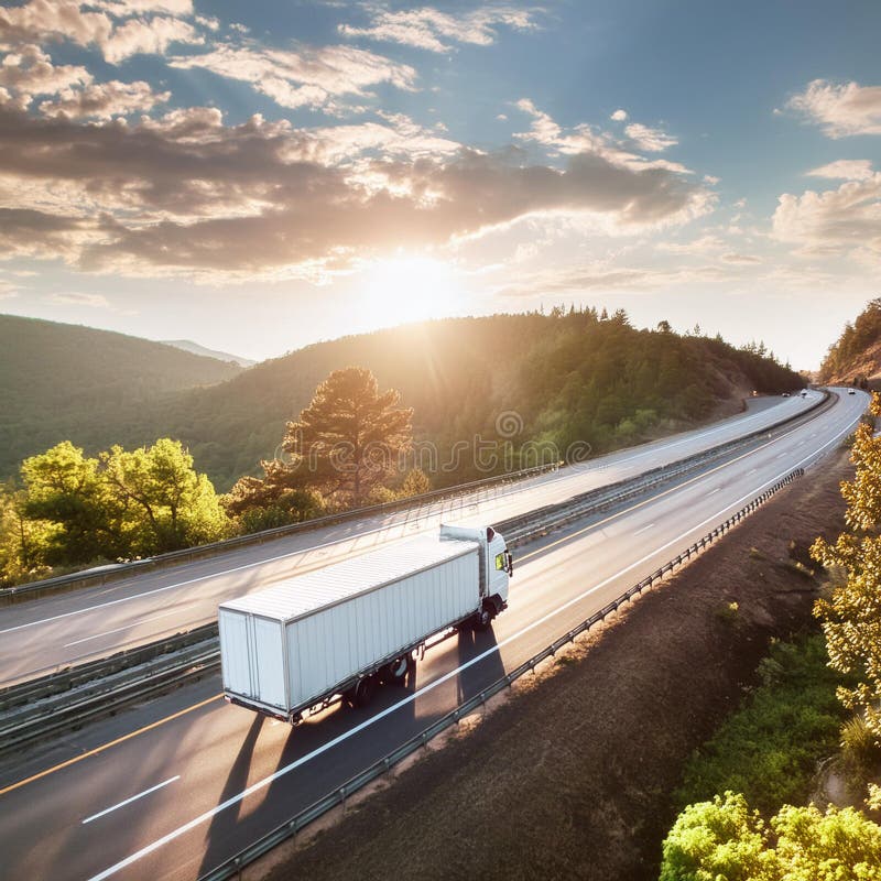 American Style Truck on Freeway Pulling Load. Transportation Theme ...