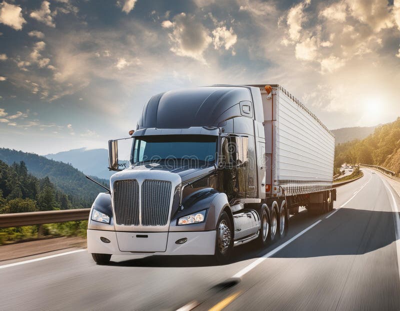 American Style Truck on Freeway Pulling Load. Transportation Theme ...