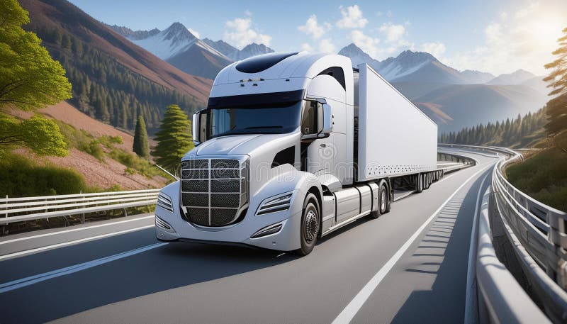 American Style Truck on Freeway Pulling Load. Transportation Theme ...