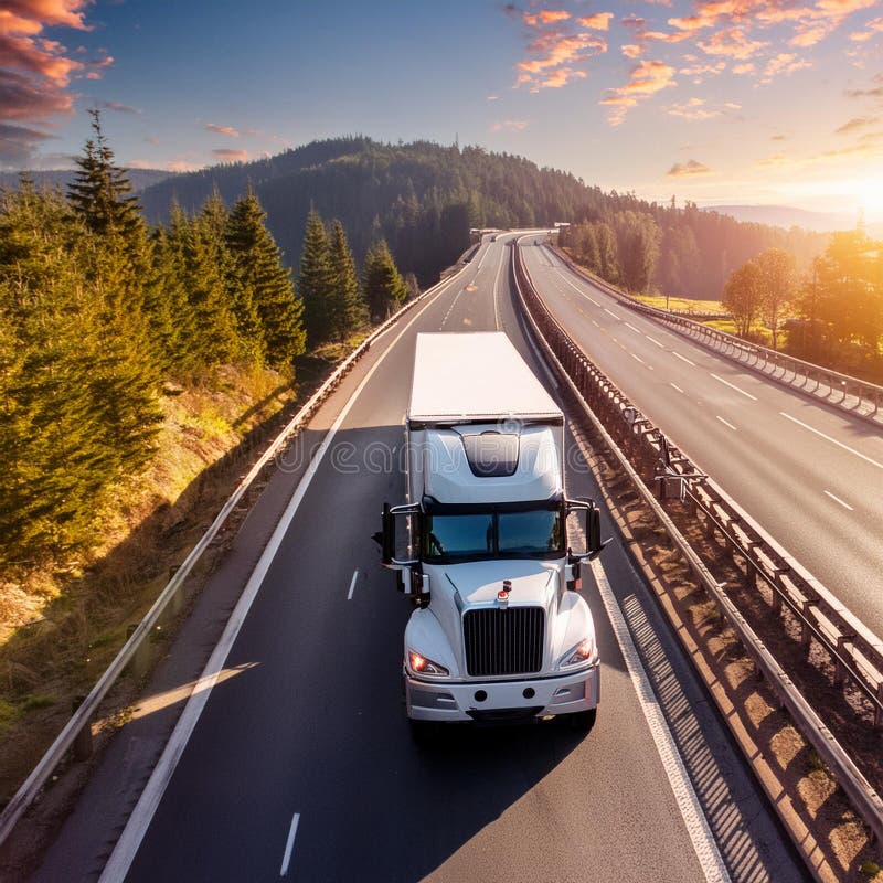 American Style Truck on Freeway Pulling Load. Transportation Theme ...
