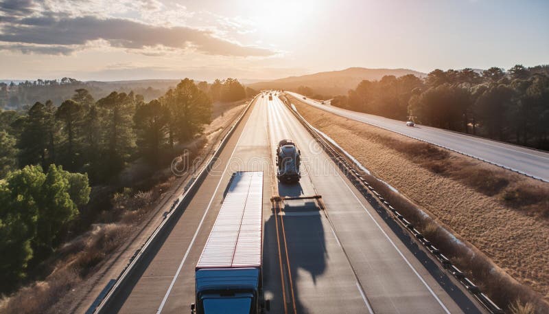 American Style Truck on Freeway Pulling Load. Transportation Theme ...