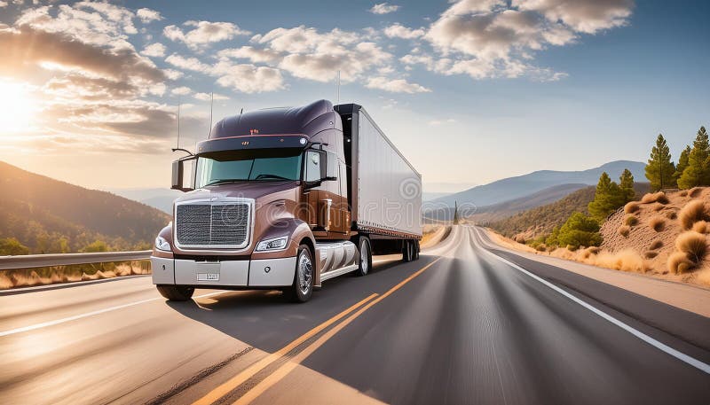 American Style Truck on Freeway Pulling Load. Transportation Theme ...