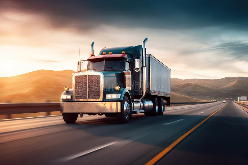 American-Style Truck Pulling a Load on the Highway. Created with ...
