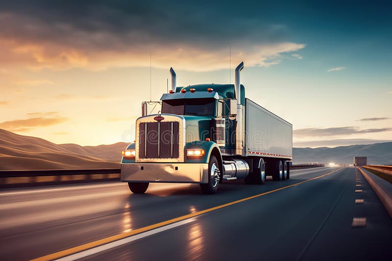 American-Style Truck Pulling a Load on the Highway. Created with ...