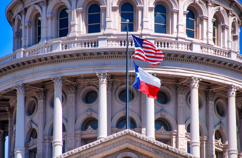 American and Texas State Flags Flying on the Dome of the Texas State ...