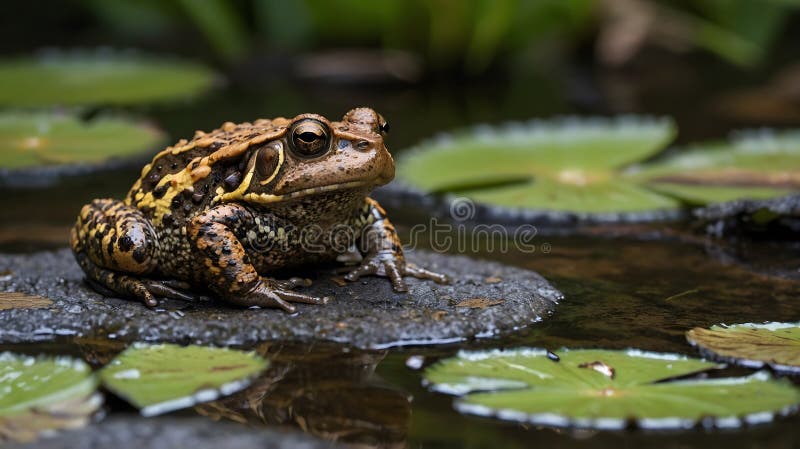 American Toad on Stone in Wetland with Lily Pads and Camouflage Skin ...