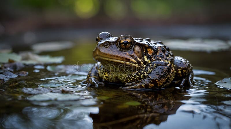 American Toad Resting Near Pond at Twilight with Soft Sunlight Stock ...