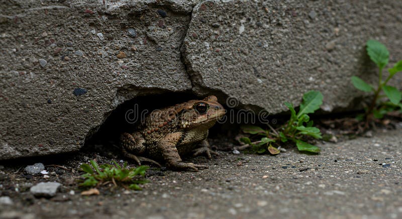 Toad Sheltering Under Concrete Slab with Green Plants and Dim Light ...