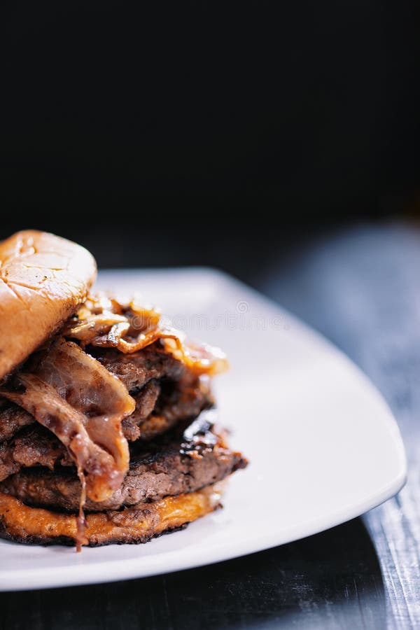 American Triple Patty Smashed Hamburger Stock Photo - Image of american ...