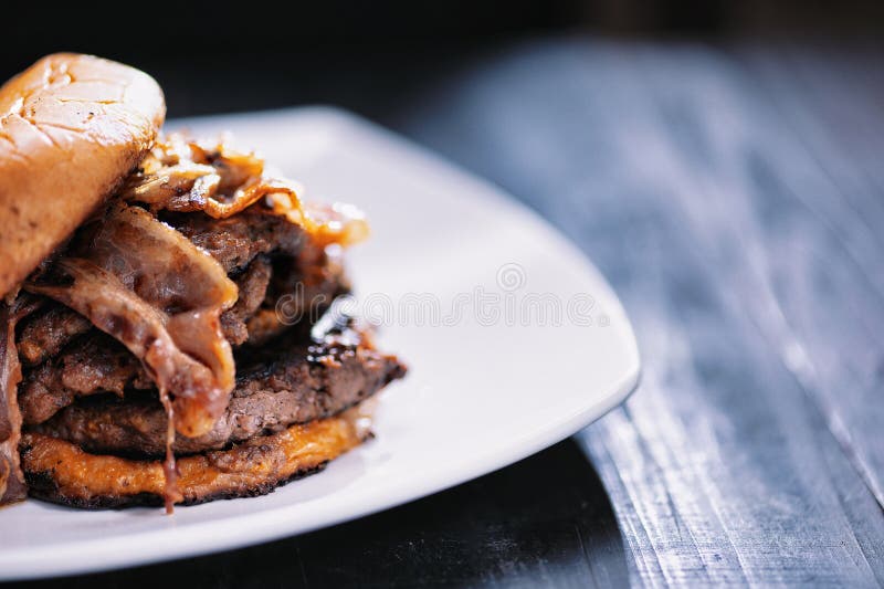American Triple Patty Smashed Hamburger Stock Photo - Image of disease ...