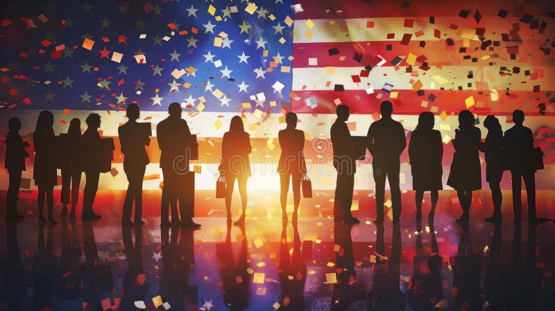 American Workforce Silhouettes in Front of Flag a Diverse Group of ...