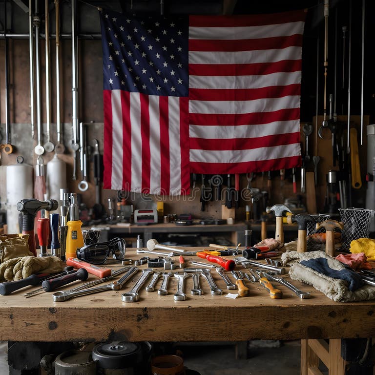 American Workshop Scene with Tools and Flag Display Stock Photo - Image ...