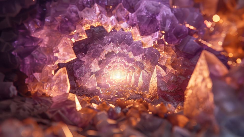 Amethyst Crystal Cave with Warm Light Stock Image - Image of geode ...