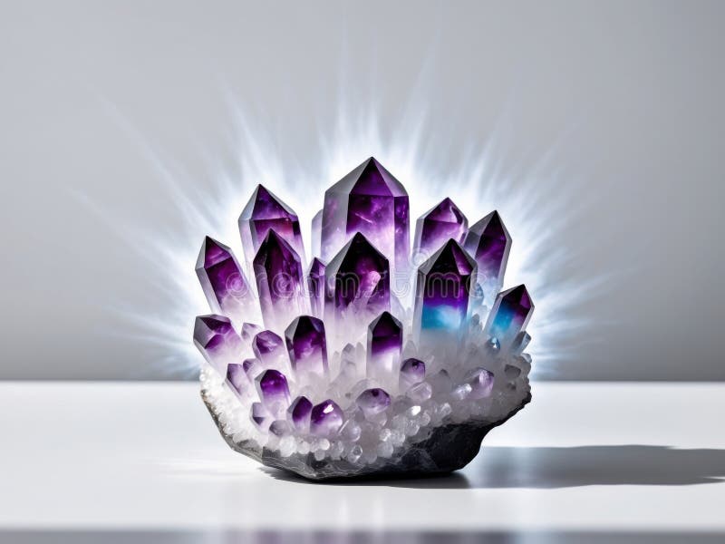 Amethyst Crystal Cluster Glowing with Purple and Blue Energy. Stock ...