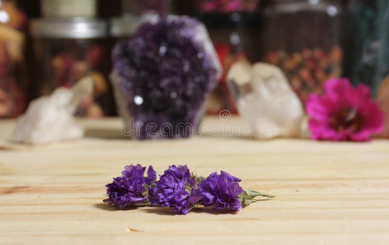 Amethyst Crystals with Flowers on Meditation Table Stock Photo - Image ...