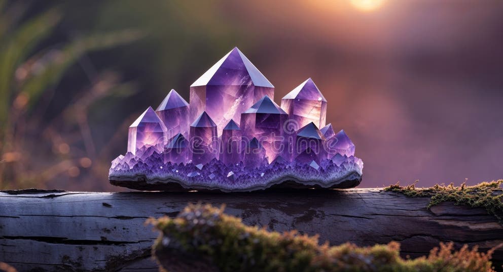 Amethyst Crystals Illuminated by Sunset Light Creating a Mesmerizing Purple Display in a Natural ...