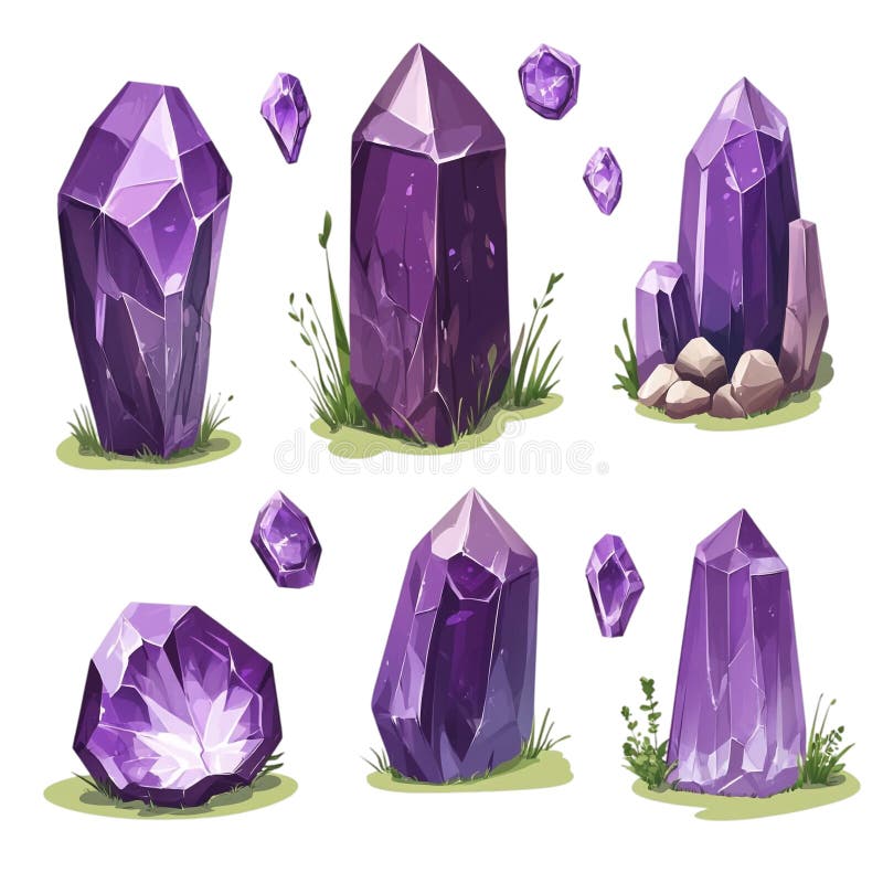 Amethyst Crystals Various Shapes Sizes Ground Grass Rocks Gems Stock ...