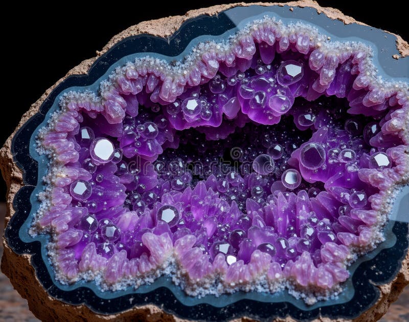 Amethyst Geode Marble with Purple Crystal Clusters on a Black Base, Showcasing a Gemological ...