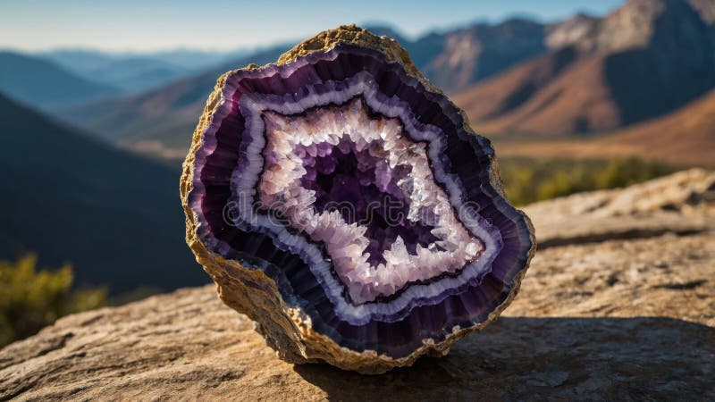 Stunning Amethyst Geode on Mountain Peak, Vibrant Purple Crystal Stock ...