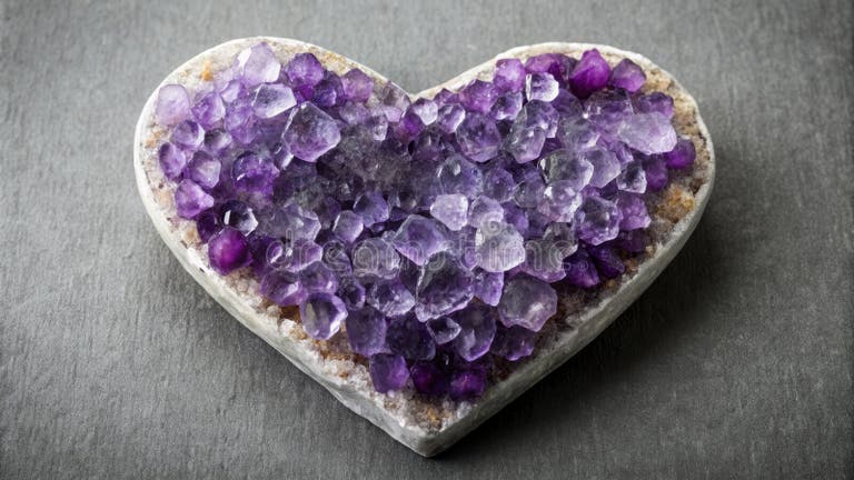 Amethyst Heart Geode - a Close Up View of a Heart Shaped Amethyst Geode on a Grey Background ...