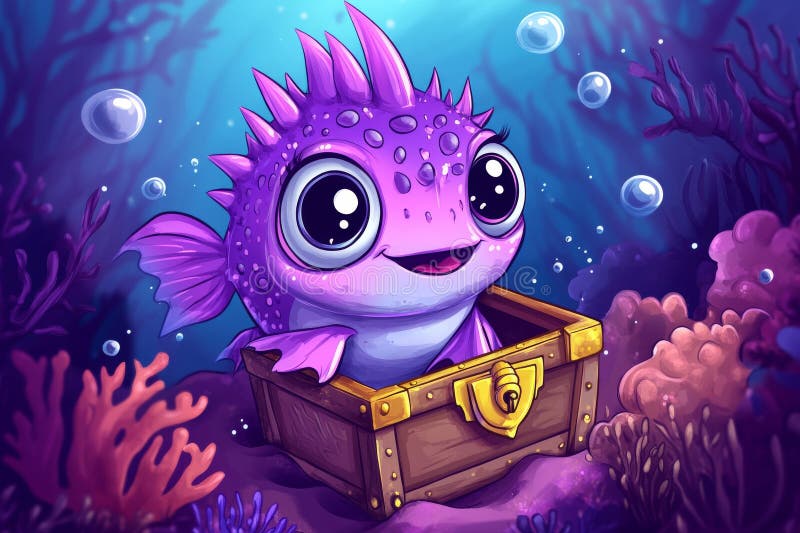 Amid the Coral Reefs, a Whimsical Fish Guards a Treasure Chest Stock ...
