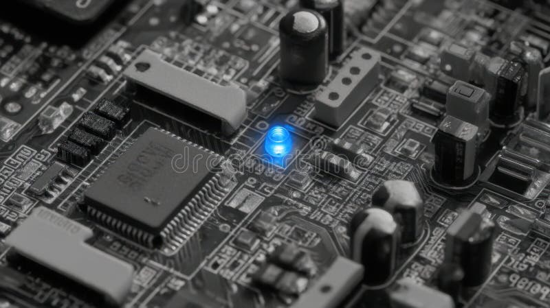A Black-and-white Circuit Board Close-up, with One Blue LED Light ...