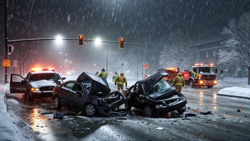 Emergency Responders Work at the Site of a Severe Car Accident on a ...