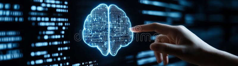 Amid Flowing Digital Data, a Hand Indicates a Glowing Blue Brain Icon ...